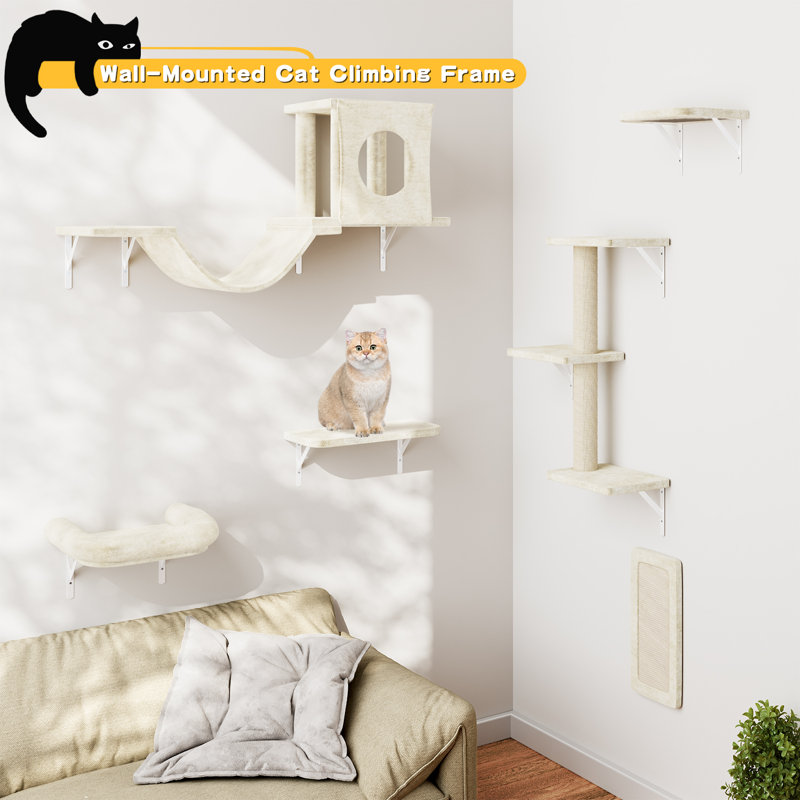 Tucker Murphy Pet™ Galiya 6 Pcs Cat Tree Shelves/ Wall-Mounted Cat Climber Set, Cat Bed, Hammock ...